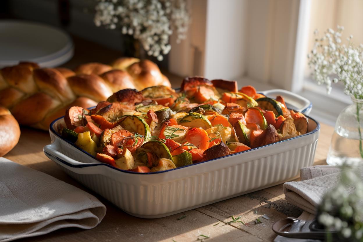 פשטידת ירקות פרווה בתנור – קלה, נימוחה ומושלמת לארוחת שישי